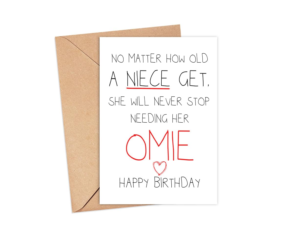 PTDShops No Matter How Old A Niece Get. She Will Never Stop Needing Her Omie - Funny Birthday Card For Omie - Cute Birthday Card For Omie - Humorous Mothers Day Card - Greeting Card