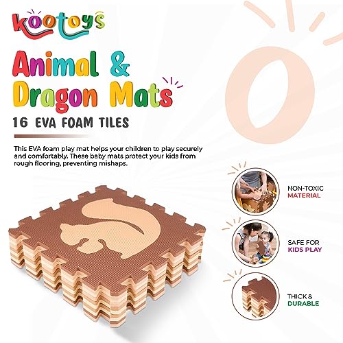 KOOTOYS Animal Pattern Foam Playmat for Babies, 36 PCS Baby Play Mat Interlocking Foam Tiles for Kids, Jigsaw Puzzle Foam Floor Mats with Fence, Activity Play Mats for Babies and Toddlers