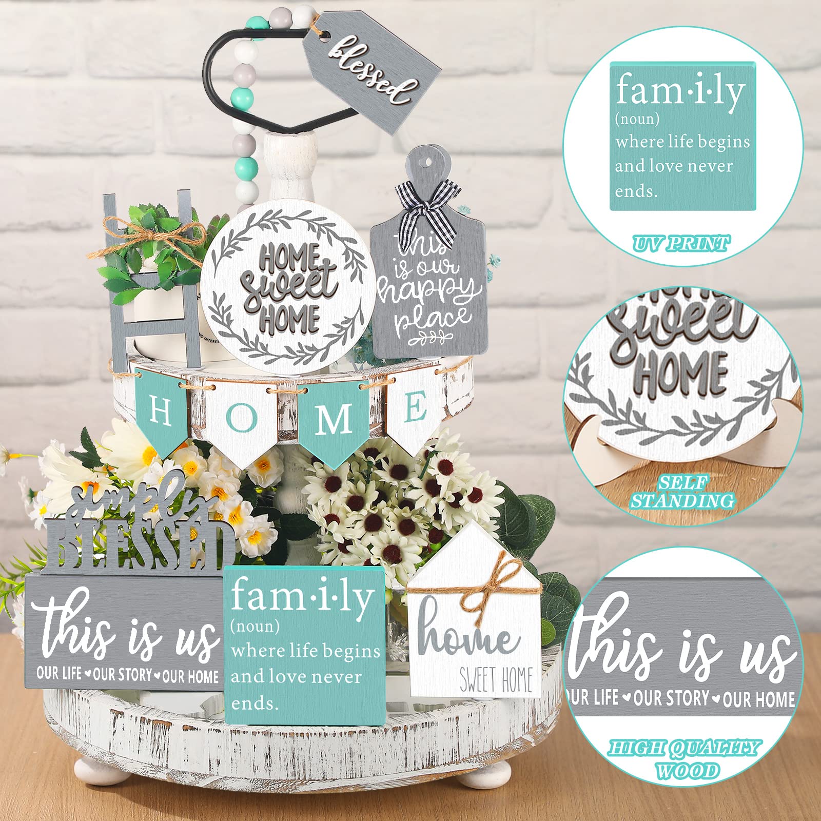 FairySandy 11 Pcs Farmhouse Tiered Tray Decor Home Wood Sign Rustic Simply Blessed Wooden Beads Tiered Tray Decorations Set for Home Kitchen Table