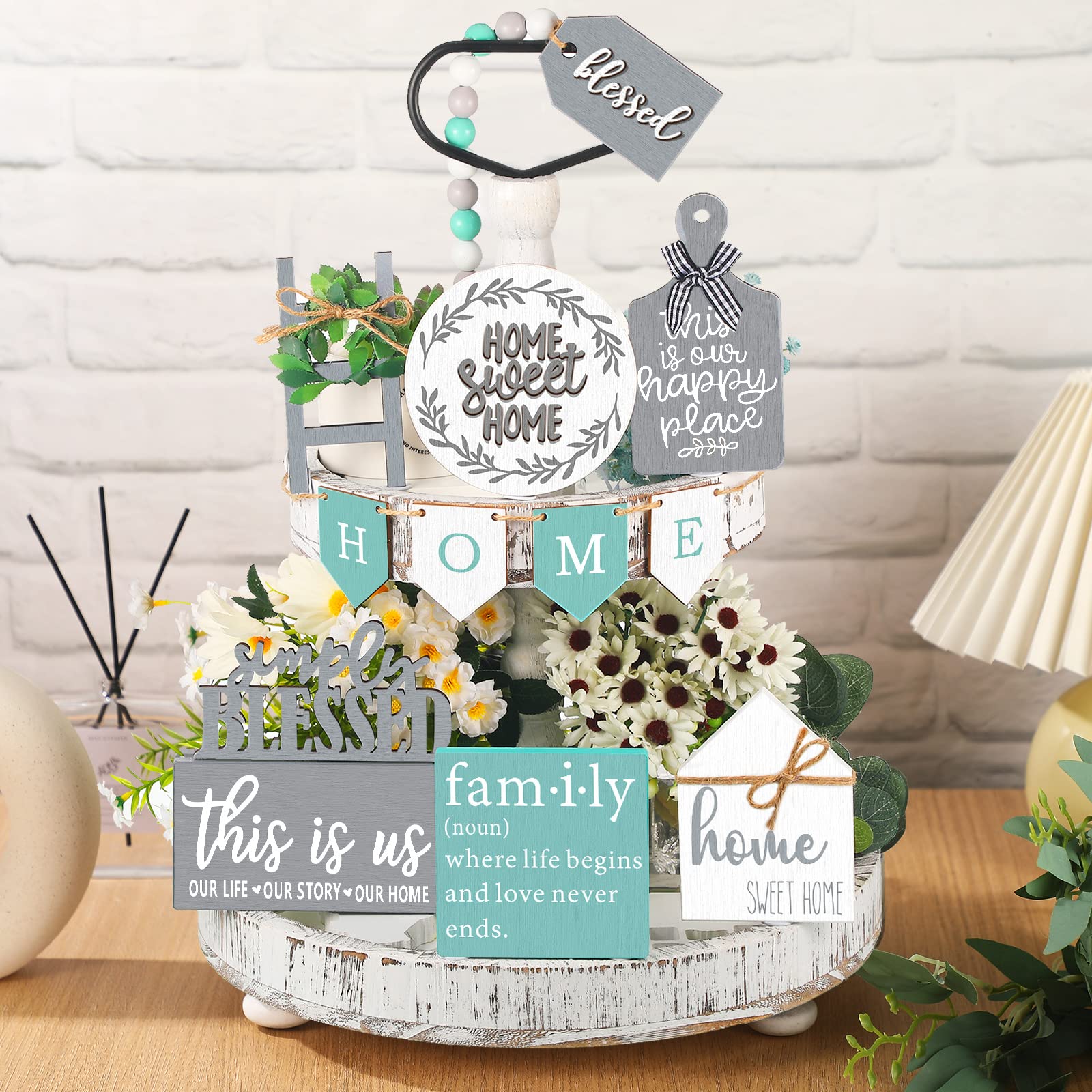 FairySandy 11 Pcs Farmhouse Tiered Tray Decor Home Wood Sign Rustic Simply Blessed Wooden Beads Tiered Tray Decorations Set for Home Kitchen Table