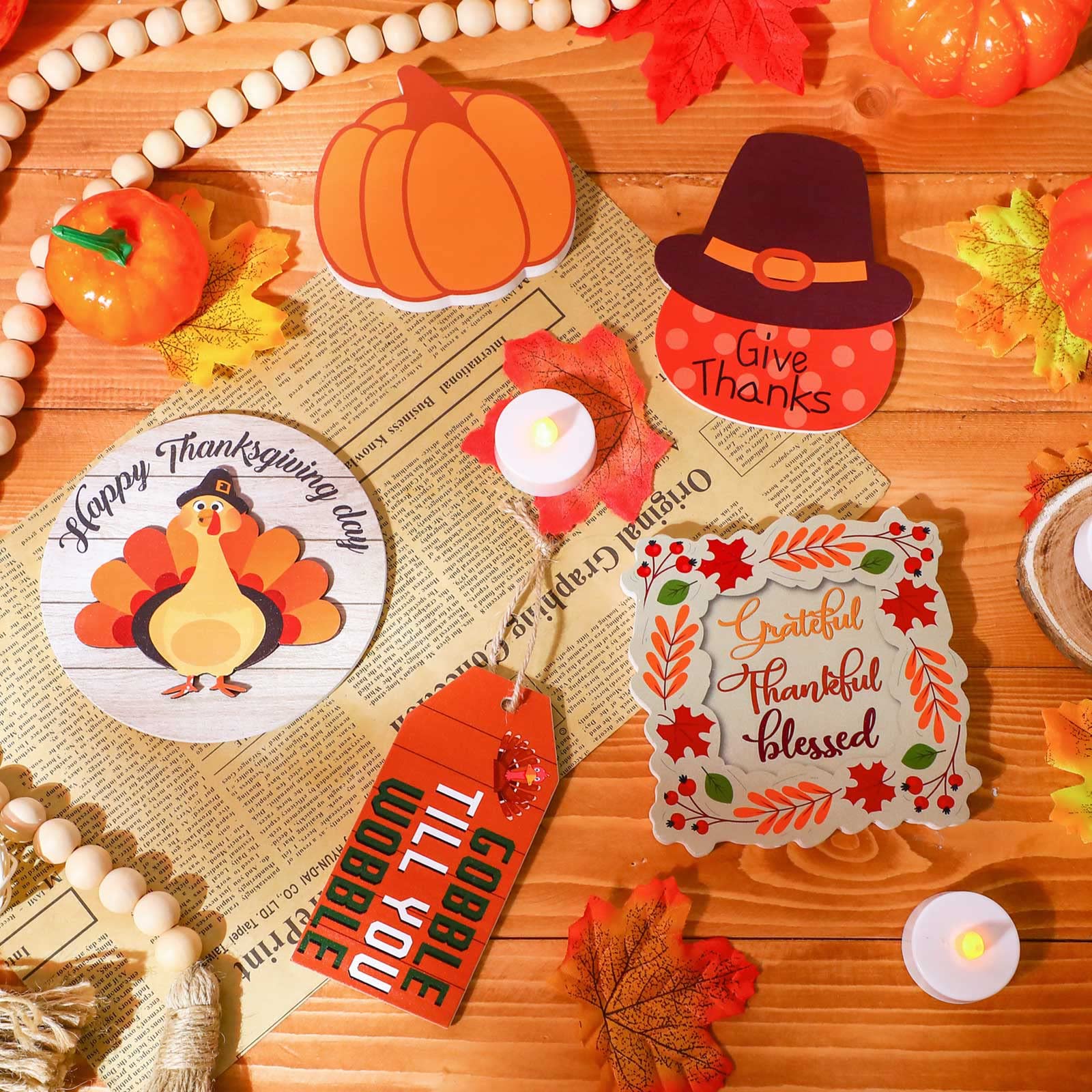 5 Pieces Fall Tiered Tray Decor Thanksgiving Tiered Tray Set Fall Farmhouse Mini Wood Signs Autumn Turkey Pumpkin Sign Decorations for Thanksgiving Harvest Decoration