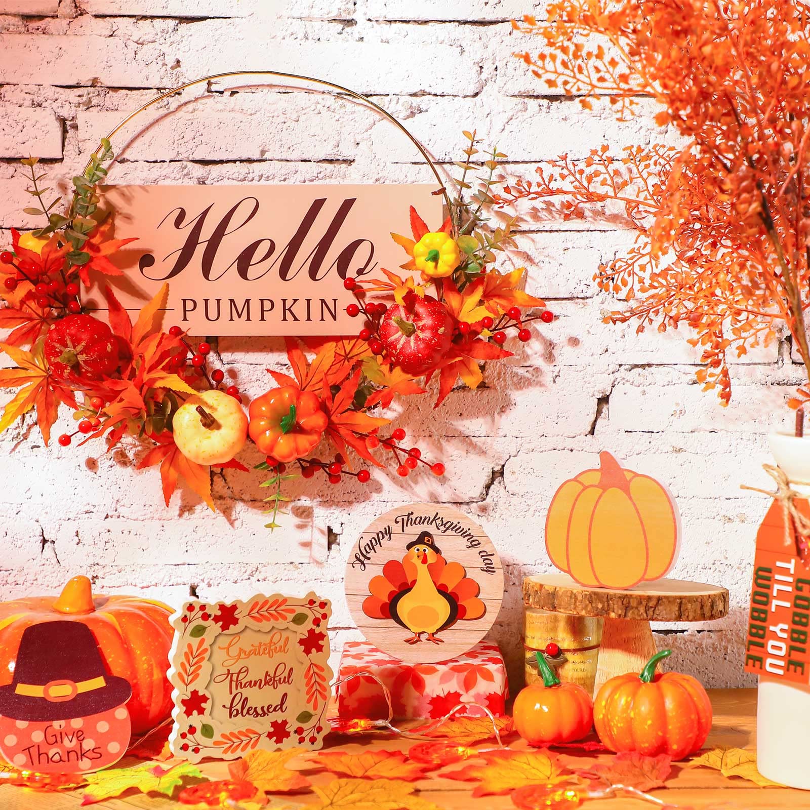 5 Pieces Fall Tiered Tray Decor Thanksgiving Tiered Tray Set Fall Farmhouse Mini Wood Signs Autumn Turkey Pumpkin Sign Decorations for Thanksgiving Harvest Decoration