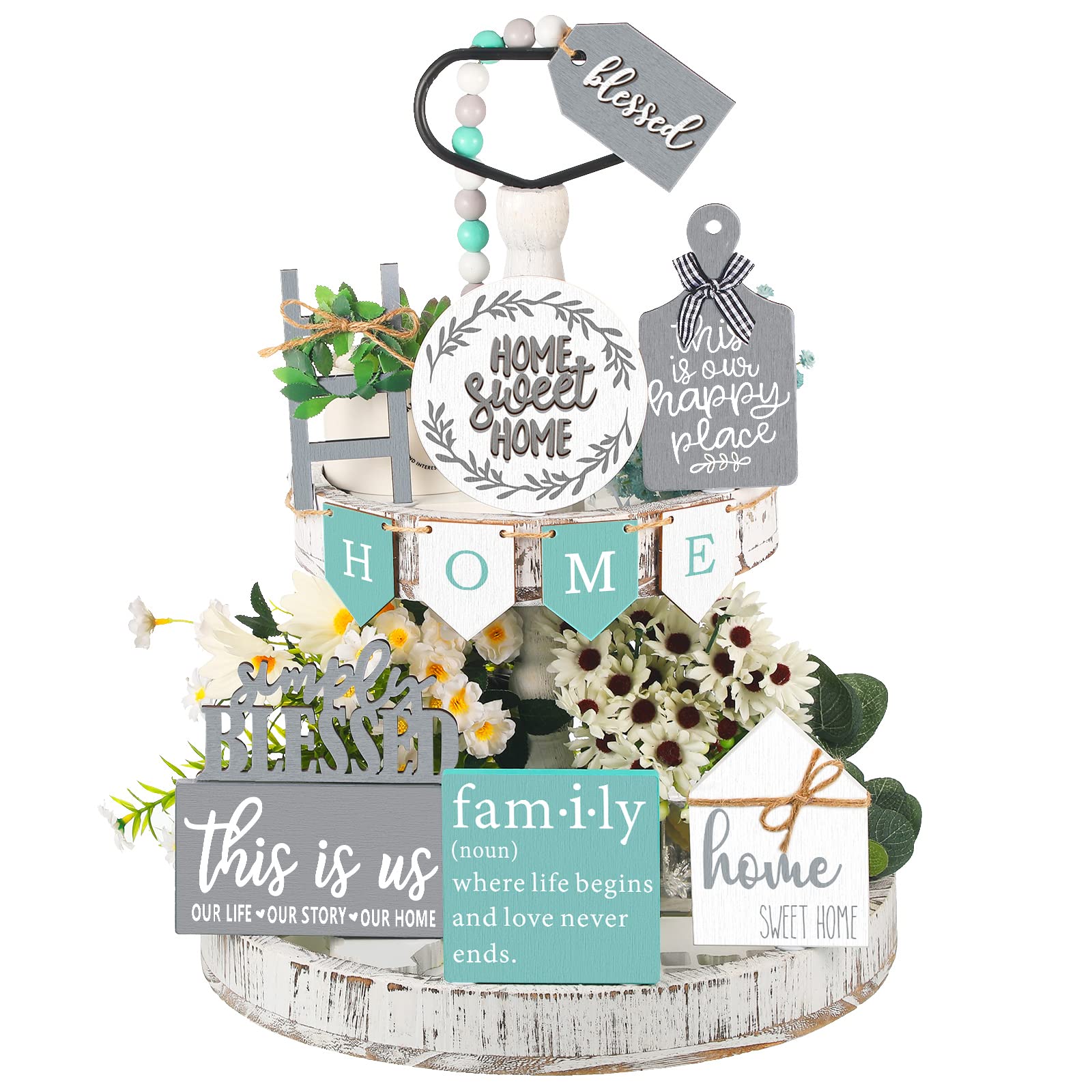 FairySandy 11 Pcs Farmhouse Tiered Tray Decor Home Wood Sign Rustic Simply Blessed Wooden Beads Tiered Tray Decorations Set for Home Kitchen Table
