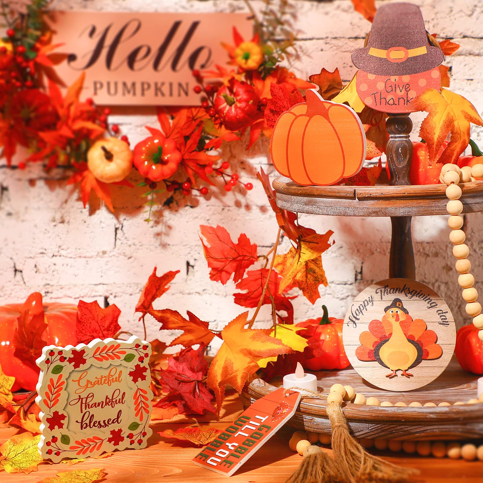 5 Pieces Fall Tiered Tray Decor Thanksgiving Tiered Tray Set Fall Farmhouse Mini Wood Signs Autumn Turkey Pumpkin Sign Decorations for Thanksgiving Harvest Decoration