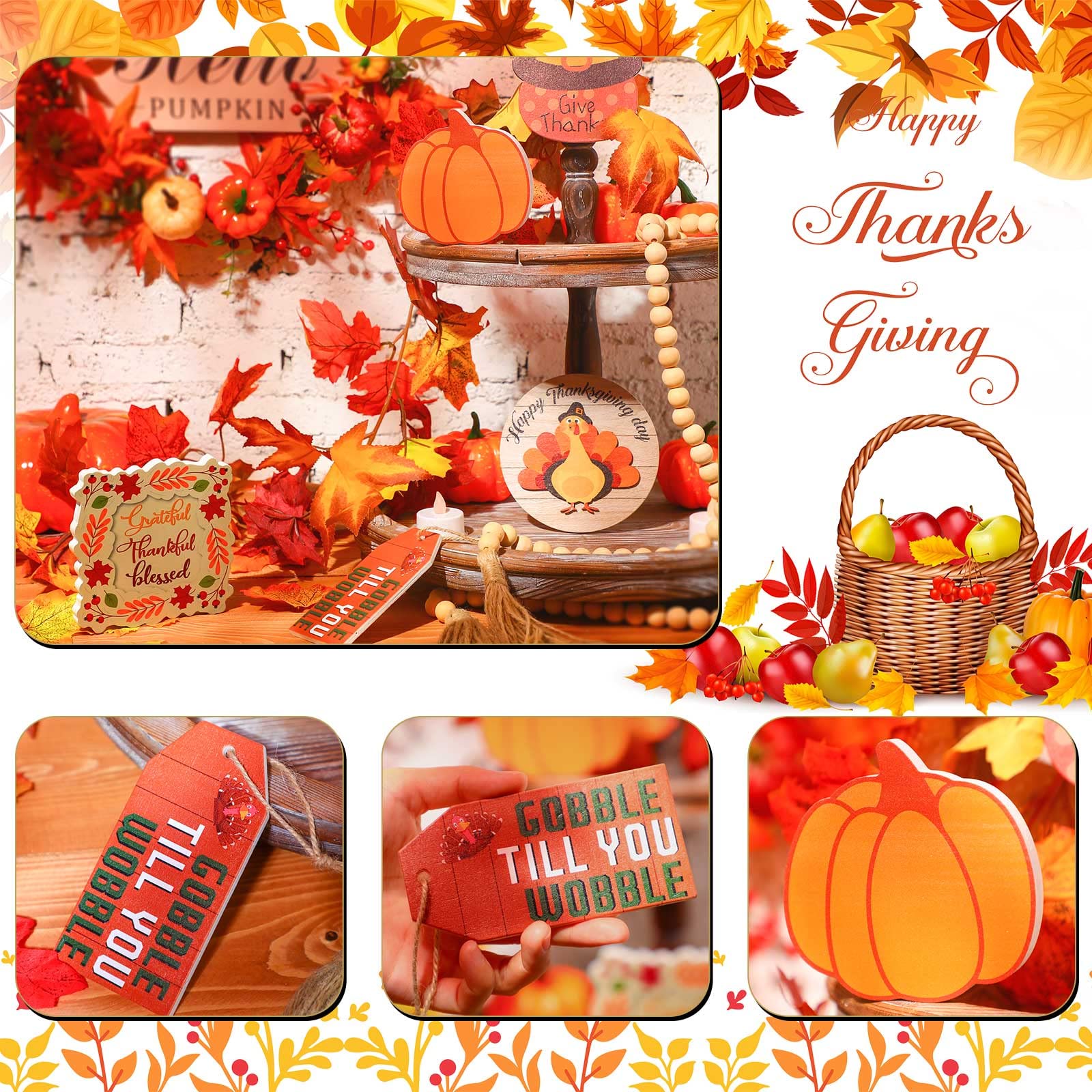 5 Pieces Fall Tiered Tray Decor Thanksgiving Tiered Tray Set Fall Farmhouse Mini Wood Signs Autumn Turkey Pumpkin Sign Decorations for Thanksgiving Harvest Decoration