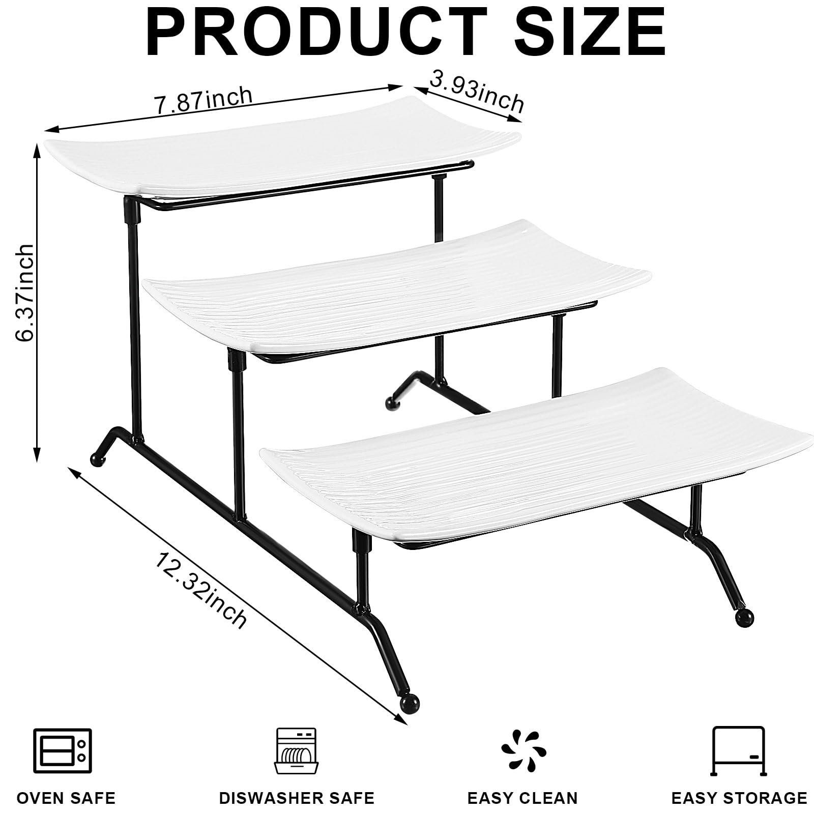 Tanlade 2 Pcs Tiered Serving Stand 3 Tier Serving Tray with 3 Porcelain Serving Platters Ceramic Tiered Serving Trays Platters with Detachable Metal Rack Dessert Table Display Set Stable for Party