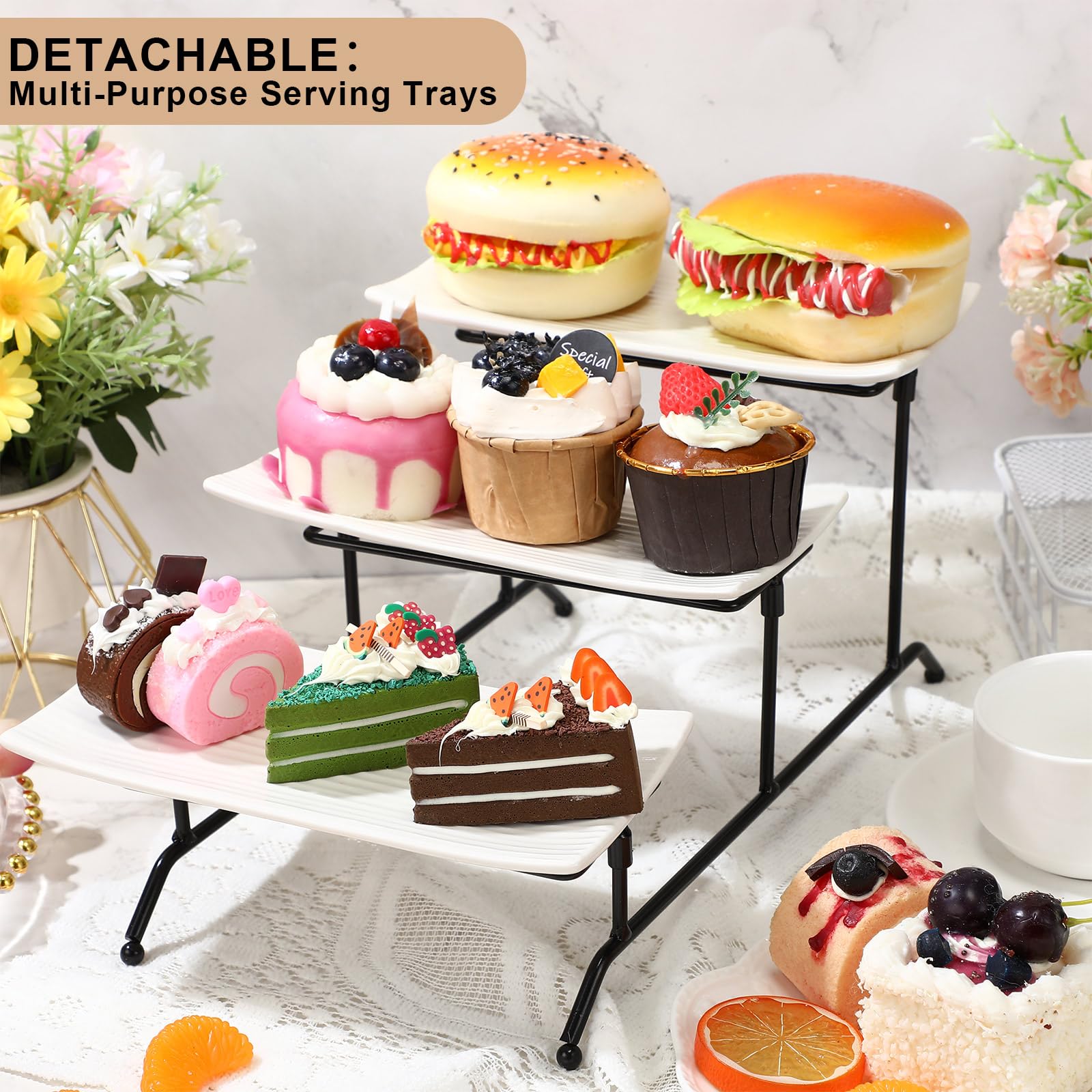 Tanlade 2 Pcs Tiered Serving Stand 3 Tier Serving Tray with 3 Porcelain Serving Platters Ceramic Tiered Serving Trays Platters with Detachable Metal Rack Dessert Table Display Set Stable for Party