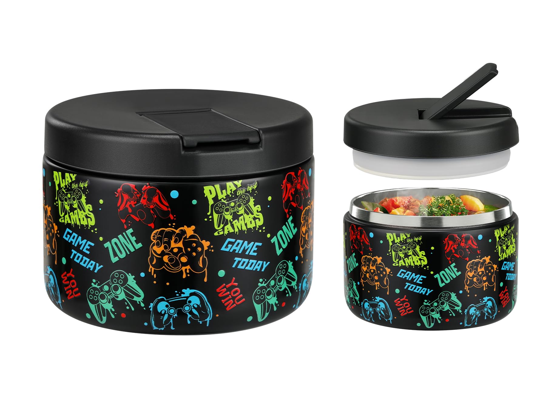 LOHASOK 12oz Kids Soup Thermo for Hot Food Insulated Vacuum Food Jar with Buckle Lid, Stainless Steel Wide Mouth Leak Proof Lunch Container for School Travel 1 Pack, FOOD JAR-HGAME-10 OZ