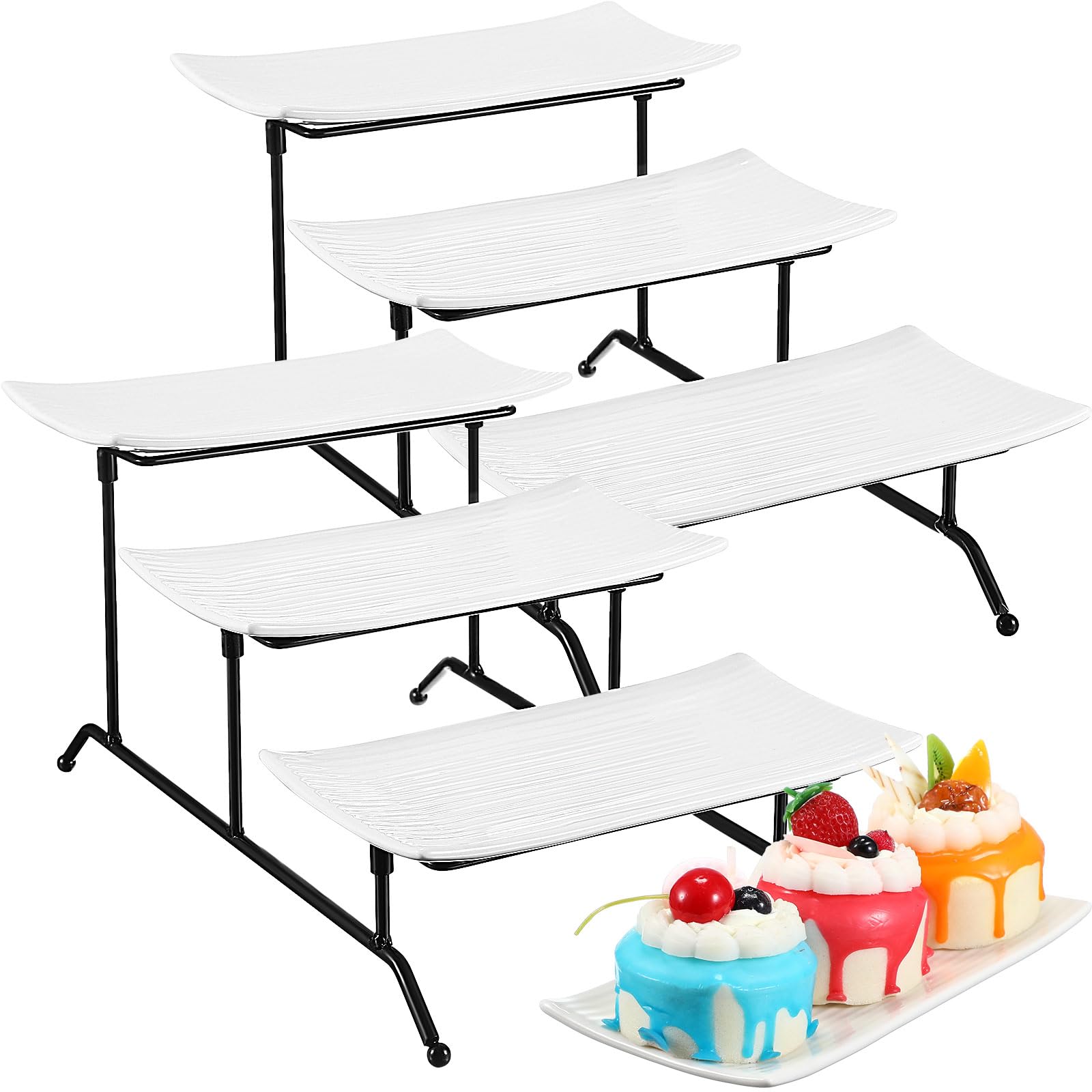 Tanlade 2 Pcs Tiered Serving Stand 3 Tier Serving Tray with 3 Porcelain Serving Platters Ceramic Tiered Serving Trays Platters with Detachable Metal Rack Dessert Table Display Set Stable for Party