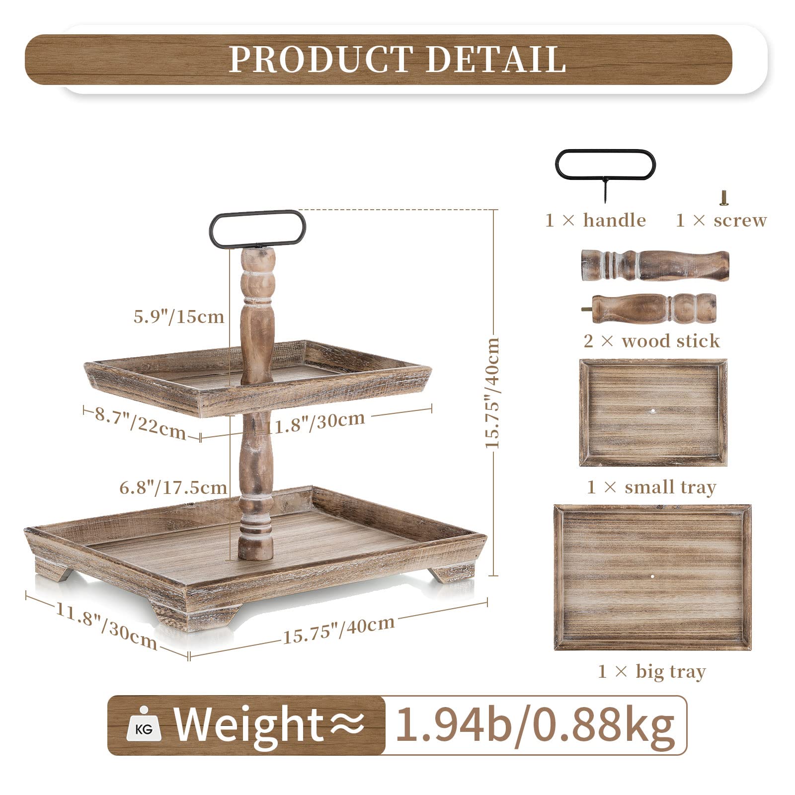 Hanobe Tiered Tray for Table Decor: 2 Tier Easter Serving Stand Farmhouse Decorative Tray for Coffee Bar Centerpiece Rectangle Wood Display Stands Kitchen Counter (Brown)