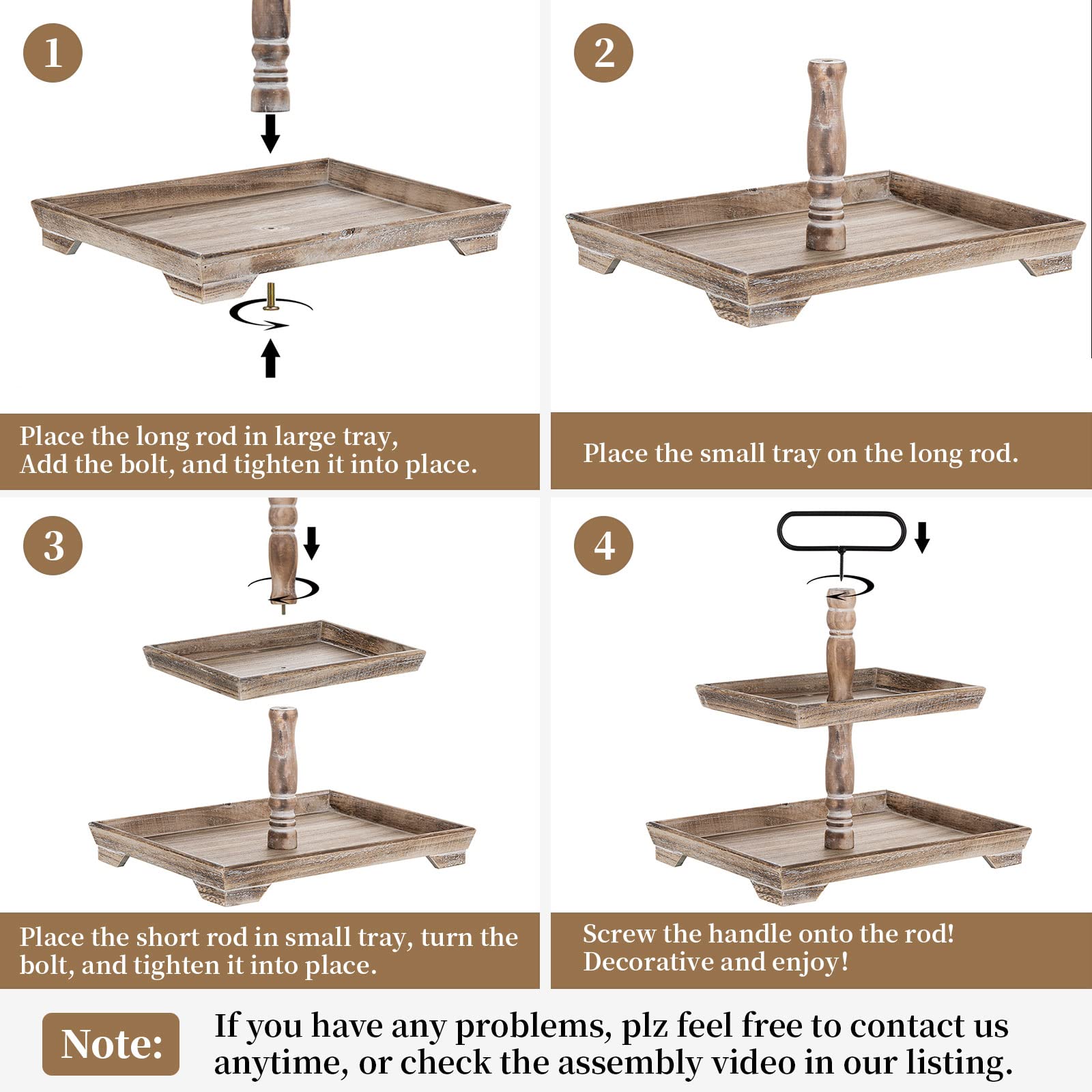 Hanobe Tiered Tray for Table Decor: 2 Tier Easter Serving Stand Farmhouse Decorative Tray for Coffee Bar Centerpiece Rectangle Wood Display Stands Kitchen Counter (Brown)