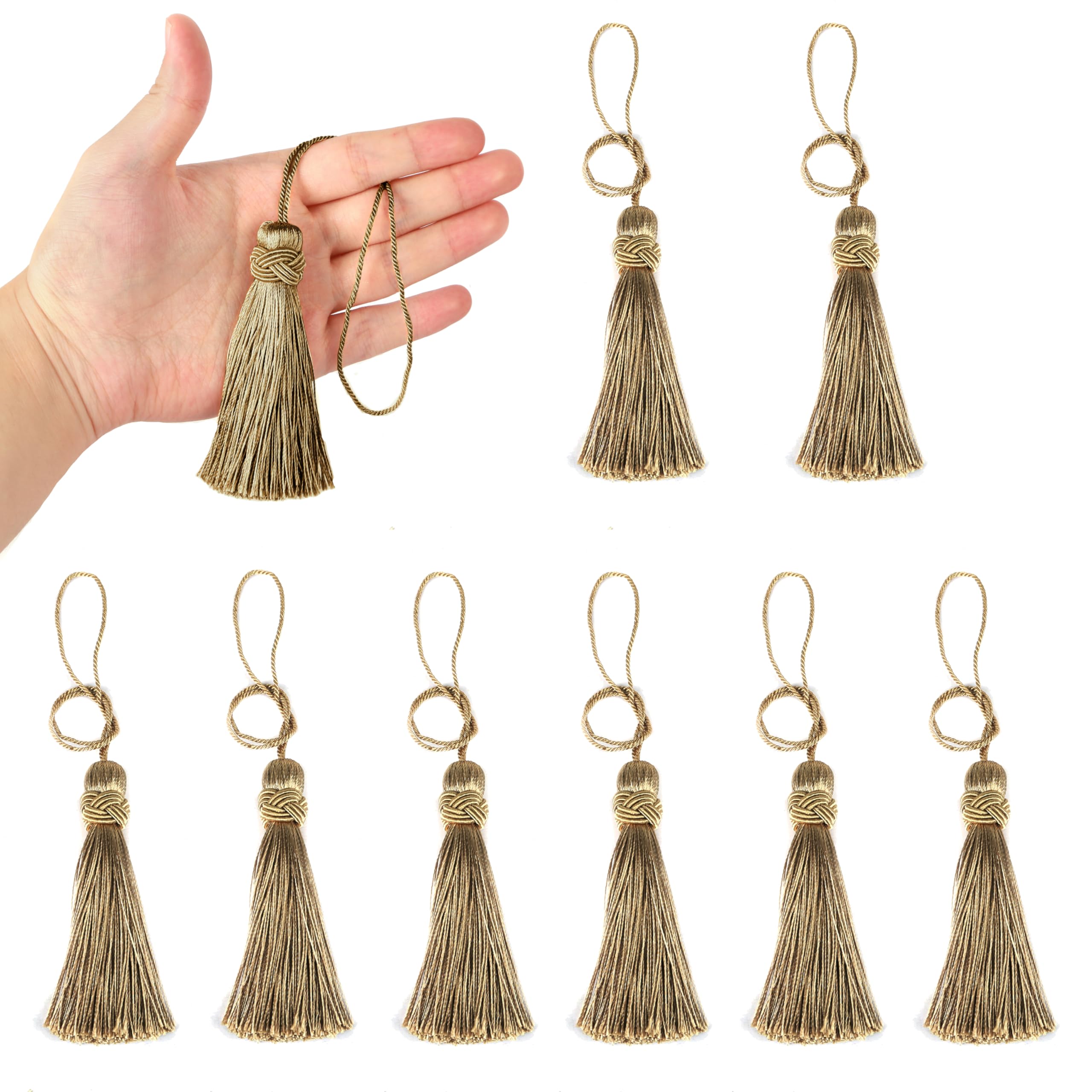 HedongHexi 8 Pack Tassel 24cm/ 9.5 Inch Key Tassel with Loops, Handmade Twisted Tassel Craft, DIY Accessories for Home Decoration (Flaxen,8P)