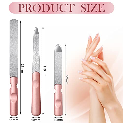 3 Pieces Stainless Steel Nail Files with Leather Case, Double Sided Metal Nail Files with Anti-Slip Handle, Metal Nail File Buffer Manicure Pedicure Tools for Fingernail Toenail (Rose Gold)