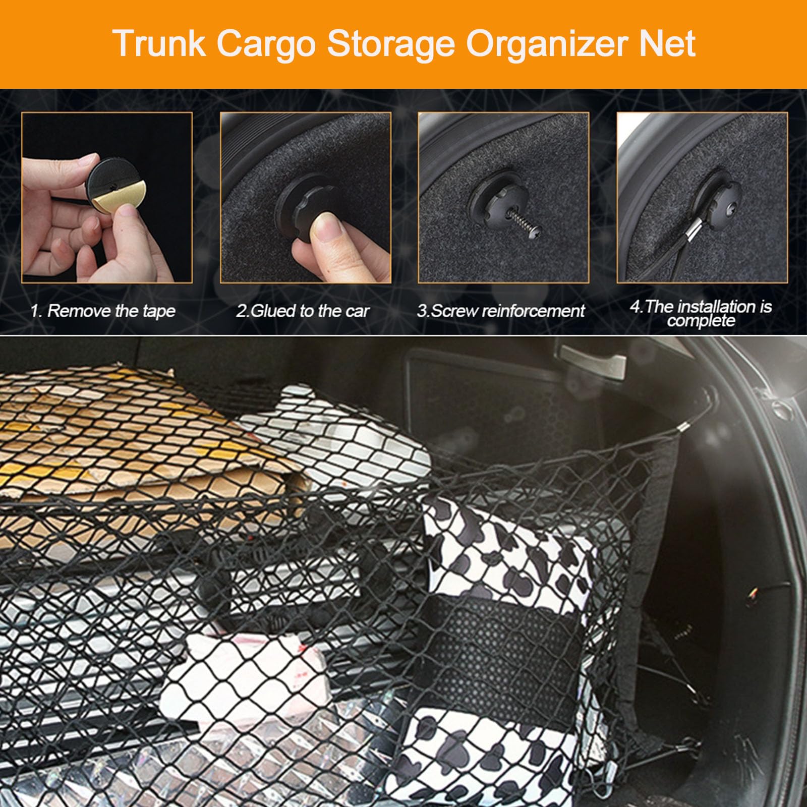 QODOLSI 1 PC Car Trunk Luggage Net, 3.6Ft x 1.3Ft Adjustable Elastic Truck Cargo Storage Net with Installation Tool, Universal Vehicle Organizer Accessories for SUVs Cars RVs Trailer (Black)