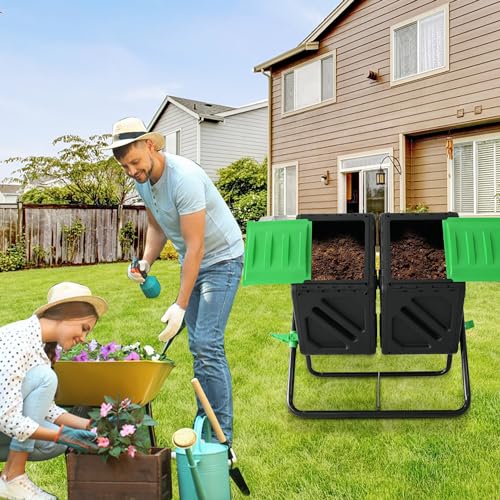 TRY & DO Outdoor Dual Chamber Compost Tumbler – Large Garden Tumbling Composter with 2 Sliding Doors and Lockable Brake - Rotating Compost Bin - 34.4 Gallon (2-17.2 Gal)