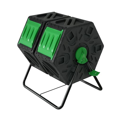 TRY & DO Outdoor Dual Chamber Compost Tumbler – Large Garden Tumbling Composter with 2 Sliding Doors and Lockable Brake - Rotating Compost Bin - 34.4 Gallon (2-17.2 Gal)