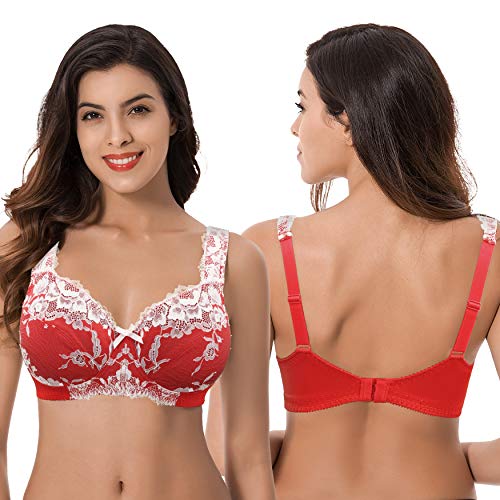 Curve Muse Women's Plus Size Minimizer Unlined Wireless Lace Full Coverage Bras-2Pack-Black,Red-44D