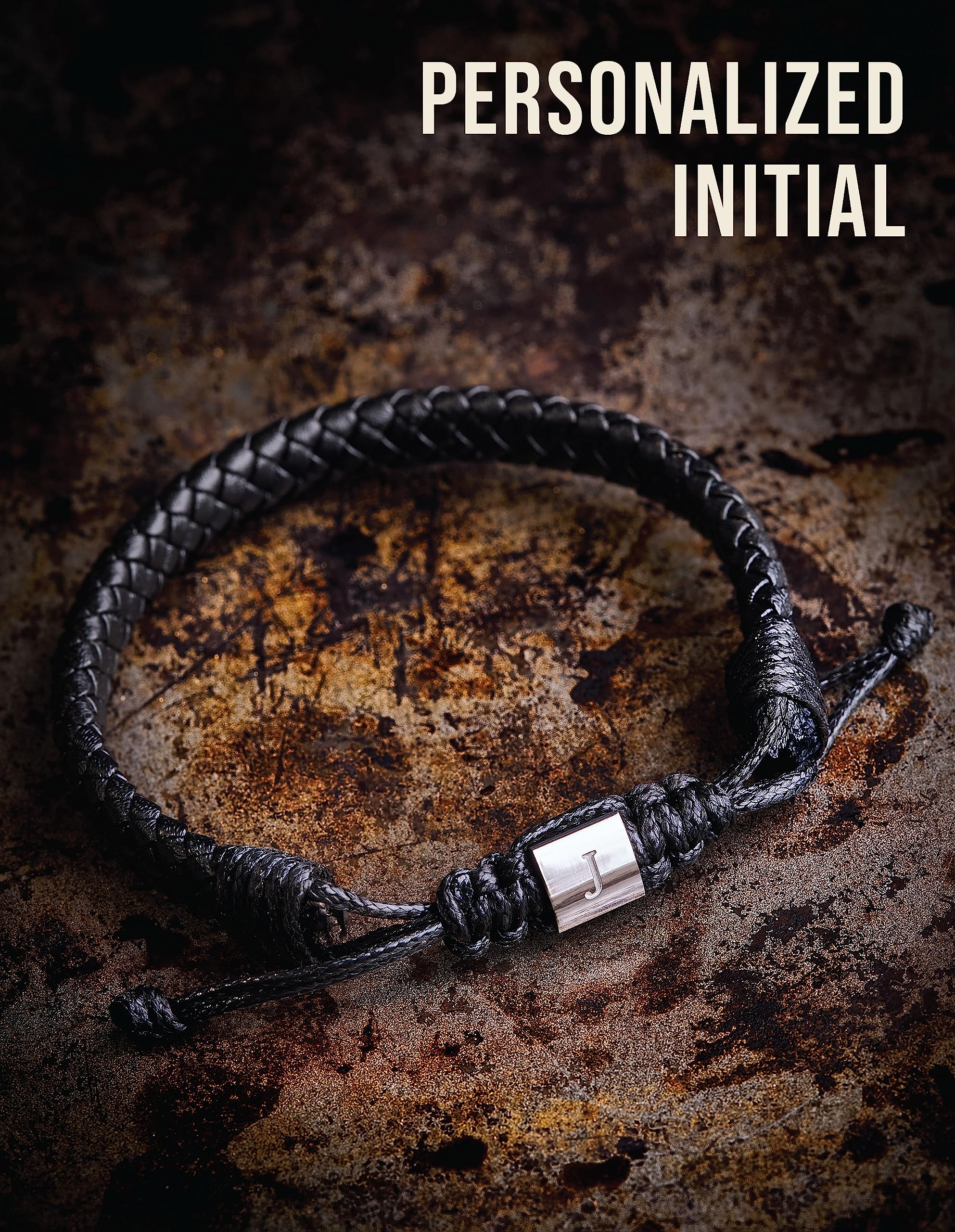 Men's Adjustable Leather Initial Bracelet | Genuine Woven Leather | A-Z Alphabet Letters Engraved on Stainless Steel Clasp - C