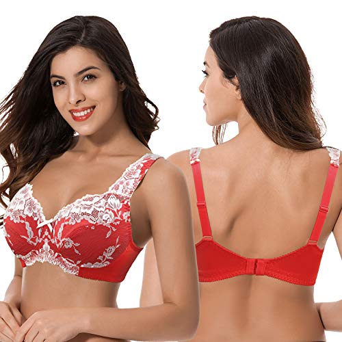Curve Muse Women's Plus Size Minimizer Unlined Wireless Lace Full Coverage Bras-2Pack-Black,Red-44D