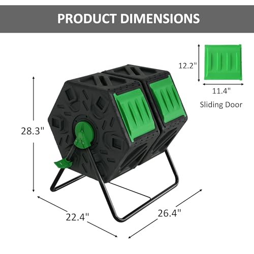 LUCKYERMORE Dual Chamber Tumbling Composter, 2-17.2 Gallon Outdoor Rotating Compost Tumbler Bin with 2 Sliding Doors and Lockable Brake for Garden Yard