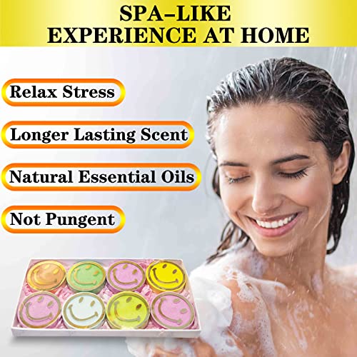 Shower Steamers Aromatherapy - 8 Pcs Smile Face Scented Bath Bomb Steamer Tablets for Shower with Pure Essential Oils, Women Stress Relief Spa Gift for Birthday, Christmas and Valentine's Day