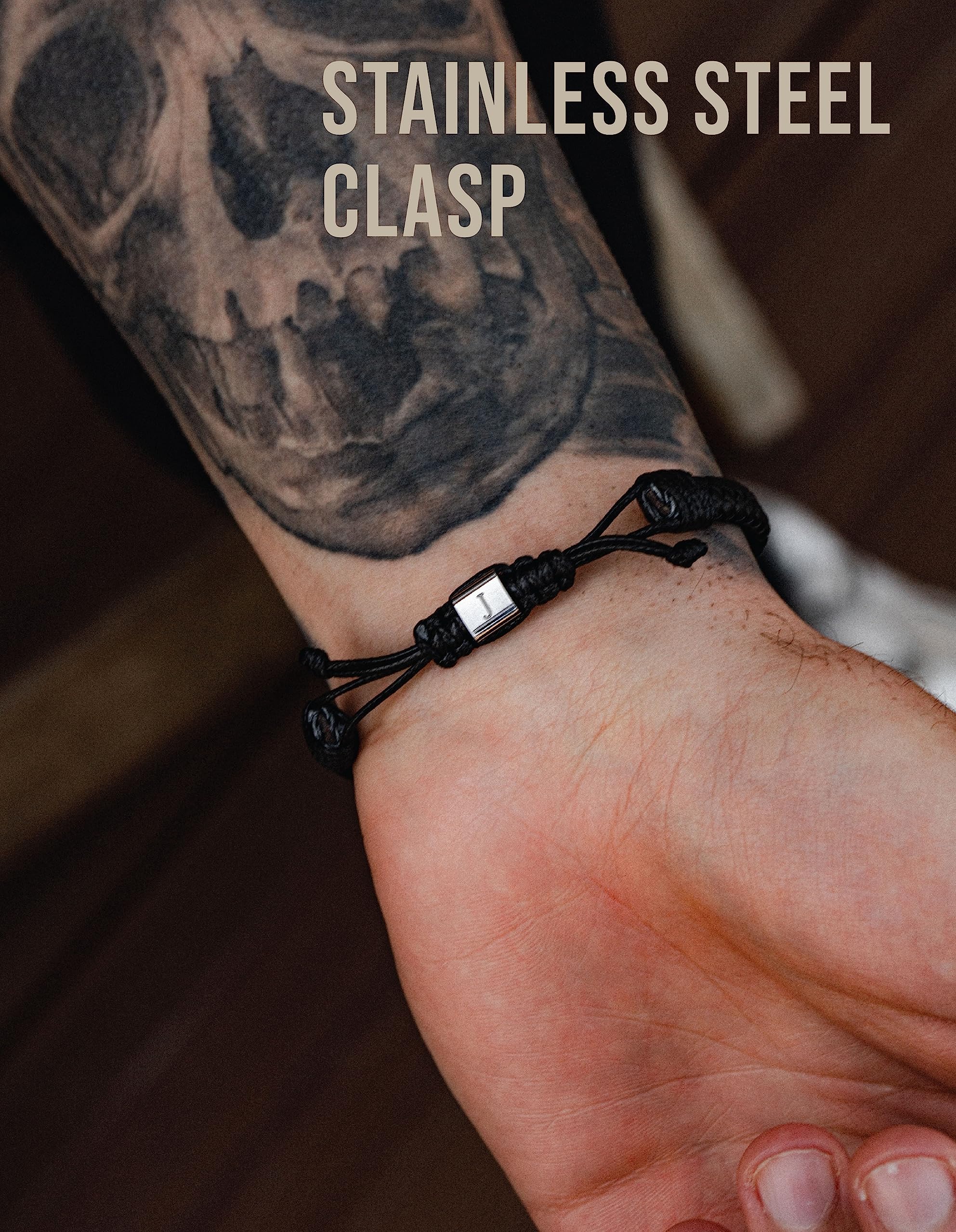 Men's Adjustable Leather Initial Bracelet | Genuine Woven Leather | A-Z Alphabet Letters Engraved on Stainless Steel Clasp - C