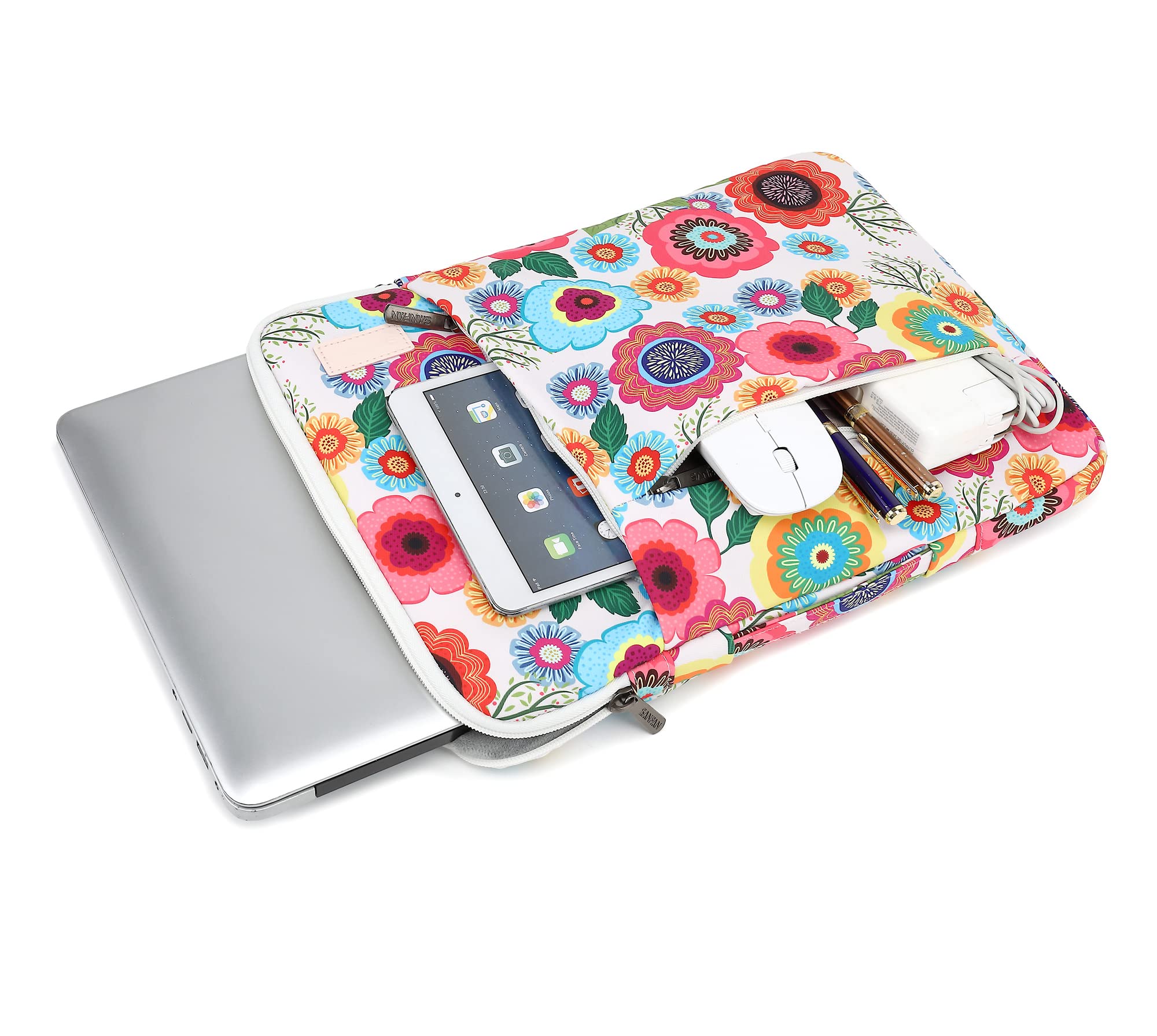 SANFAN 360° Protective 3 Pockets Laptop Sleeve Case Bag with Handle for MacBook Air 15 inch,MacBook Pro 16 inch and 15.6 inch Screen Laptop (Flowers)