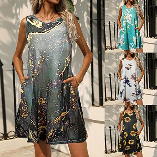 Cnebo Midi Dresses for Women Wedding Guest 2023 Women's Summer Loose Tassel Sleeveless Printed Dress Sky Blue
