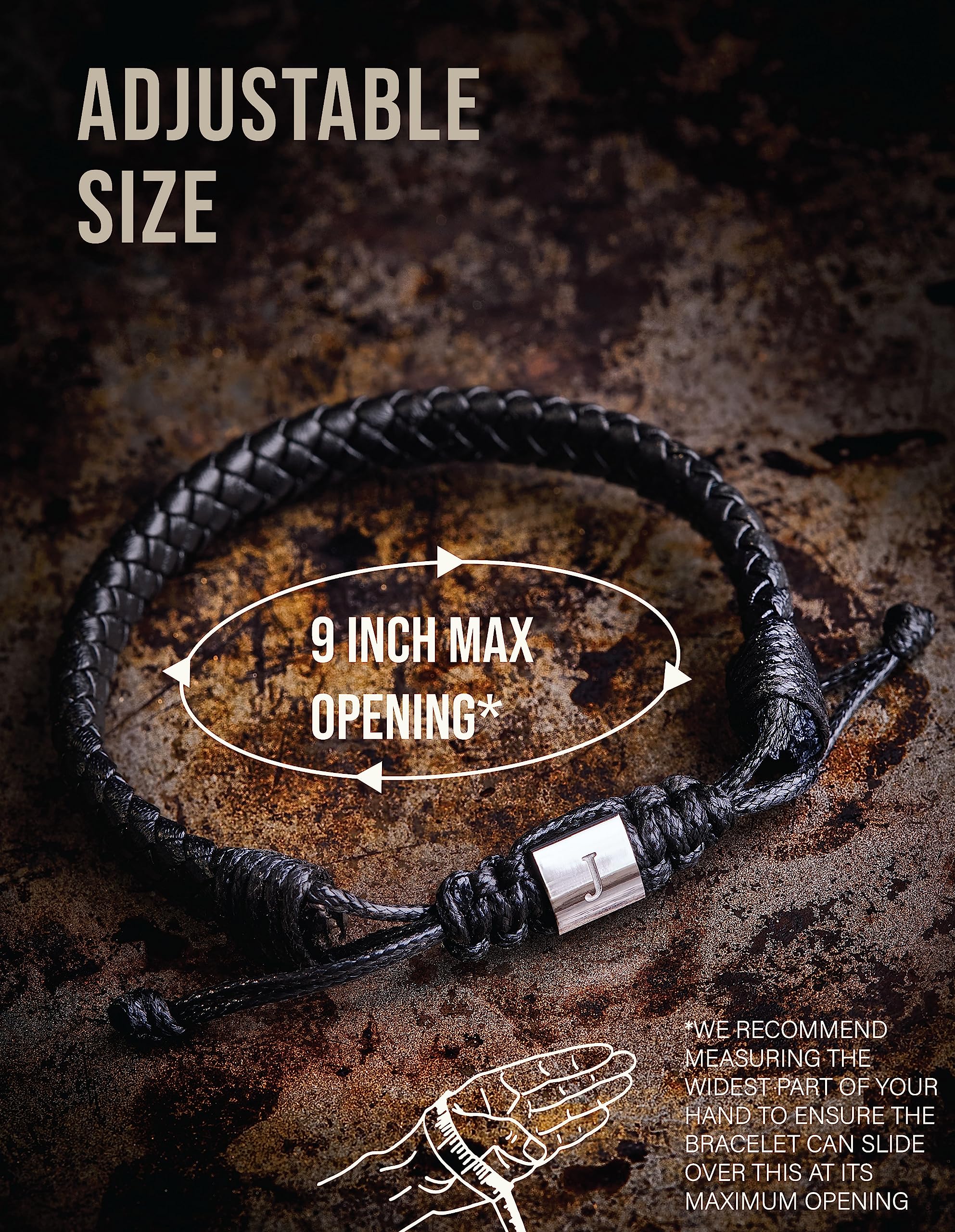 Men's Adjustable Leather Initial Bracelet | Genuine Woven Leather | A-Z Alphabet Letters Engraved on Stainless Steel Clasp - C