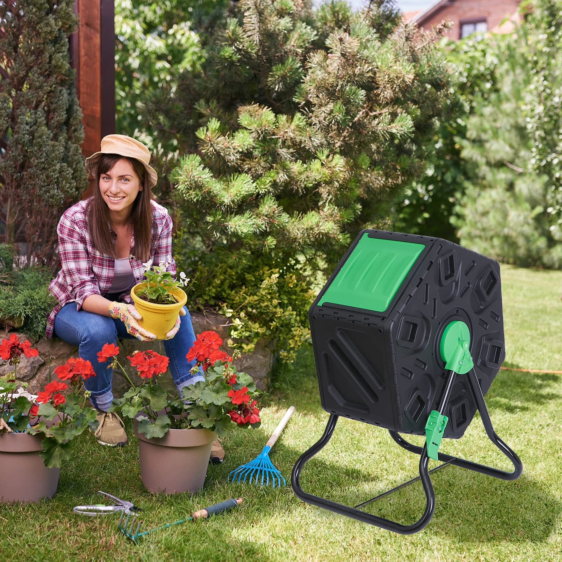 Saicool 18.5 Gallon Compost Bin Tumbling Composter, Heavy-Duty Compact Chamber Outdoor Compost Tumbler - Easy-Turn, Fast-Working System BPA Free