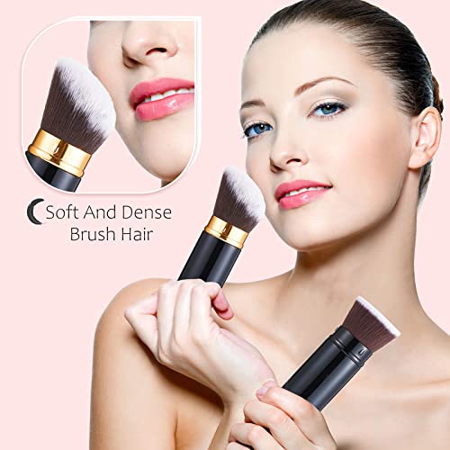 2 Piece Retractable Kabuki Brush Angled Foundation Makeup Brushes Portable Travel Flat Top Bronzer Blush Brush with Cover for Blush Bronzer, Buffing Loose Powder Cream or Liquid Cosmetics