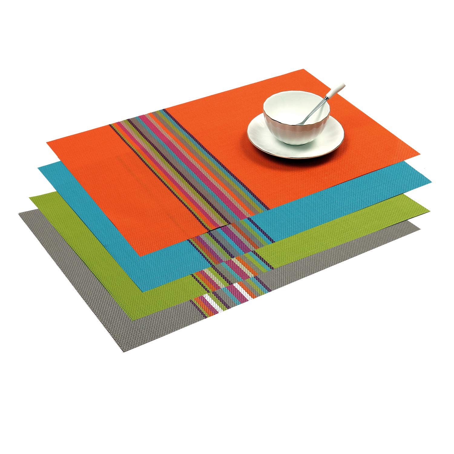 SHACOS Placemats Set of 4 Colorful Woven Vinyl Place Mats for Dining Table Reversible PVC Heat Resistant Table Mats (4, Multicolor)