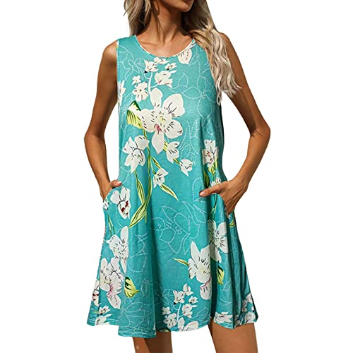 Cnebo Midi Dresses for Women Wedding Guest 2023 Women's Summer Loose Tassel Sleeveless Printed Dress Sky Blue