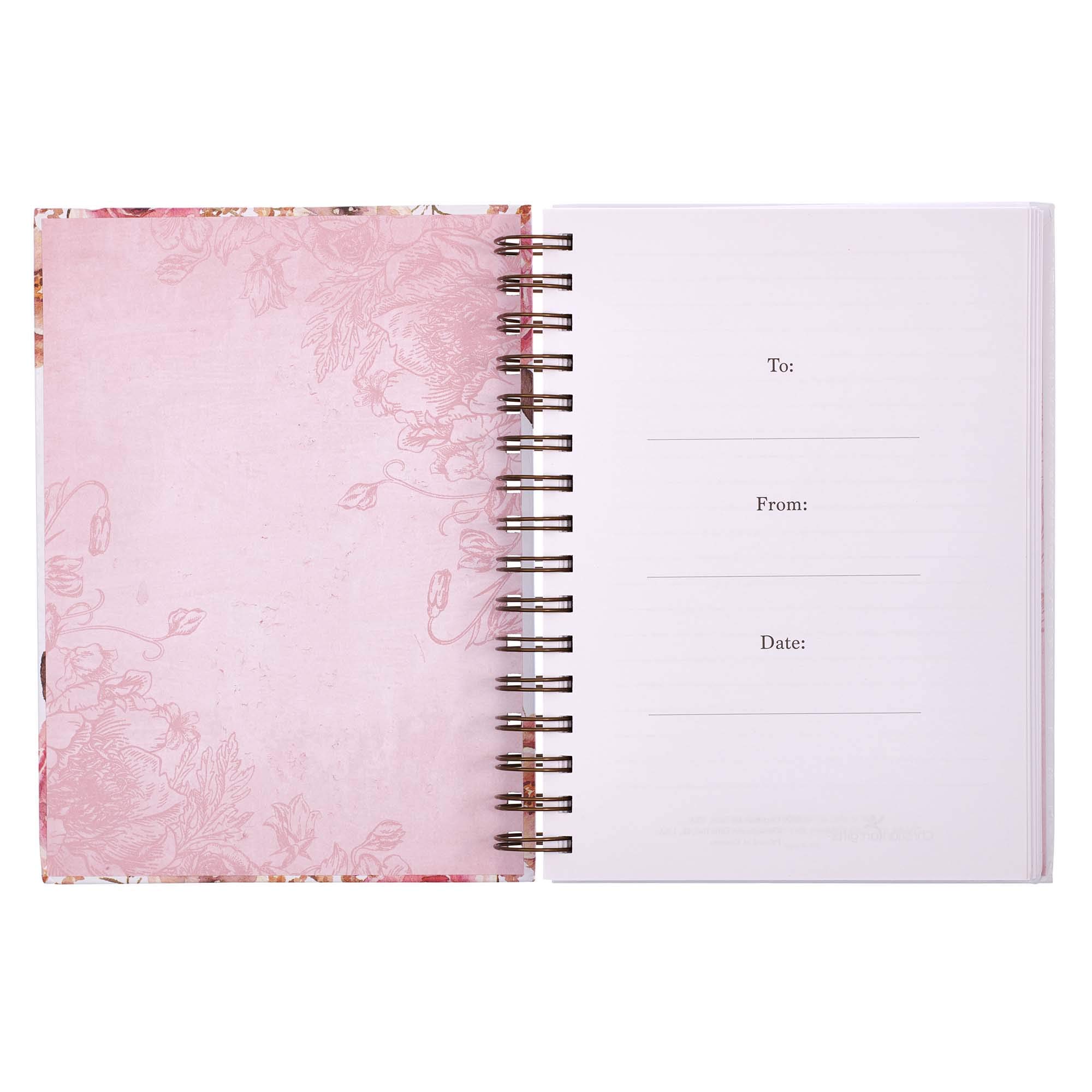 Christian Art Gifts Hardcover Journal, With God All Things Mathew 19:26 Bible Verse, Pink Floral Inspirational Wire Bound Spiral Notebook Elastic Closure Lined Pages w/Scripture, 7 x 8.5