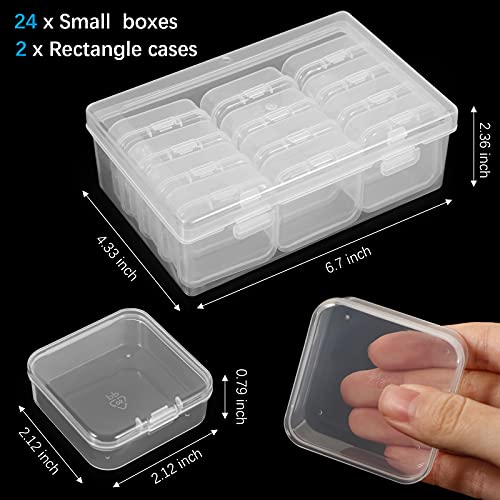 Blulu 24 Pcs Small Bead Organizer Plastic Bead Storage Containers Clear Plastic Storage Case Craft Containers with 2 Pcs Hinged Lid Clear Craft Cases (6.7 x 4.33 x 2.36 Inch, 2.12 x 2.12 x 0.79 Inch)