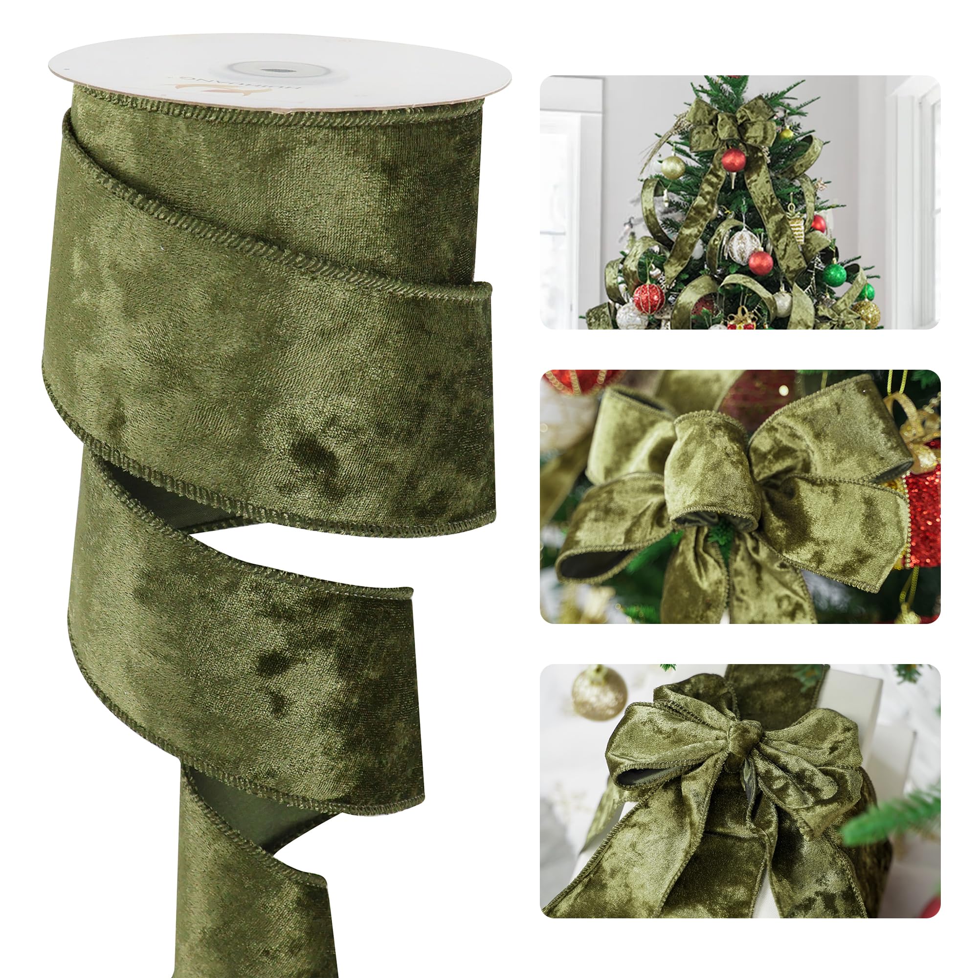 HUIHUANG Olive Green Wired Velvet Ribbon 2-1/2 inch, Green Velvet Wire Ribbon for Christmas Tree, Large Bows, Wreaths, Gift Wrapping, Garland, Home Decor, Crafts-Continuous 10 Yards/Roll