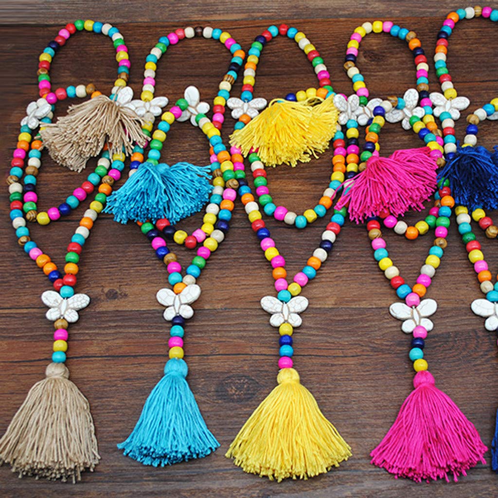 FILOL New Women Tassel Wooden Beads Necklace Pendant Bohemian Chain Jewelry Accessory (Sky Blue)