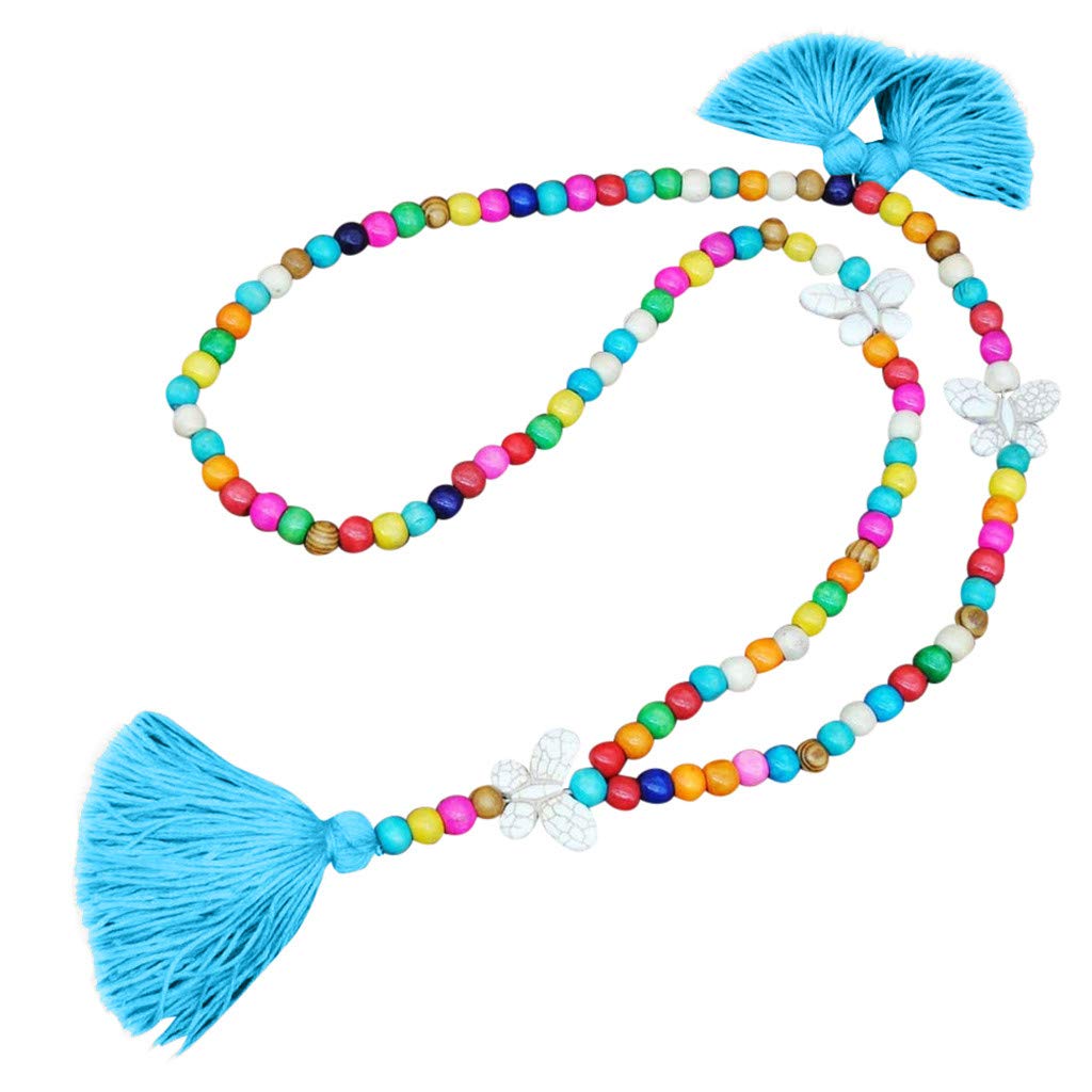 FILOL New Women Tassel Wooden Beads Necklace Pendant Bohemian Chain Jewelry Accessory (Sky Blue)