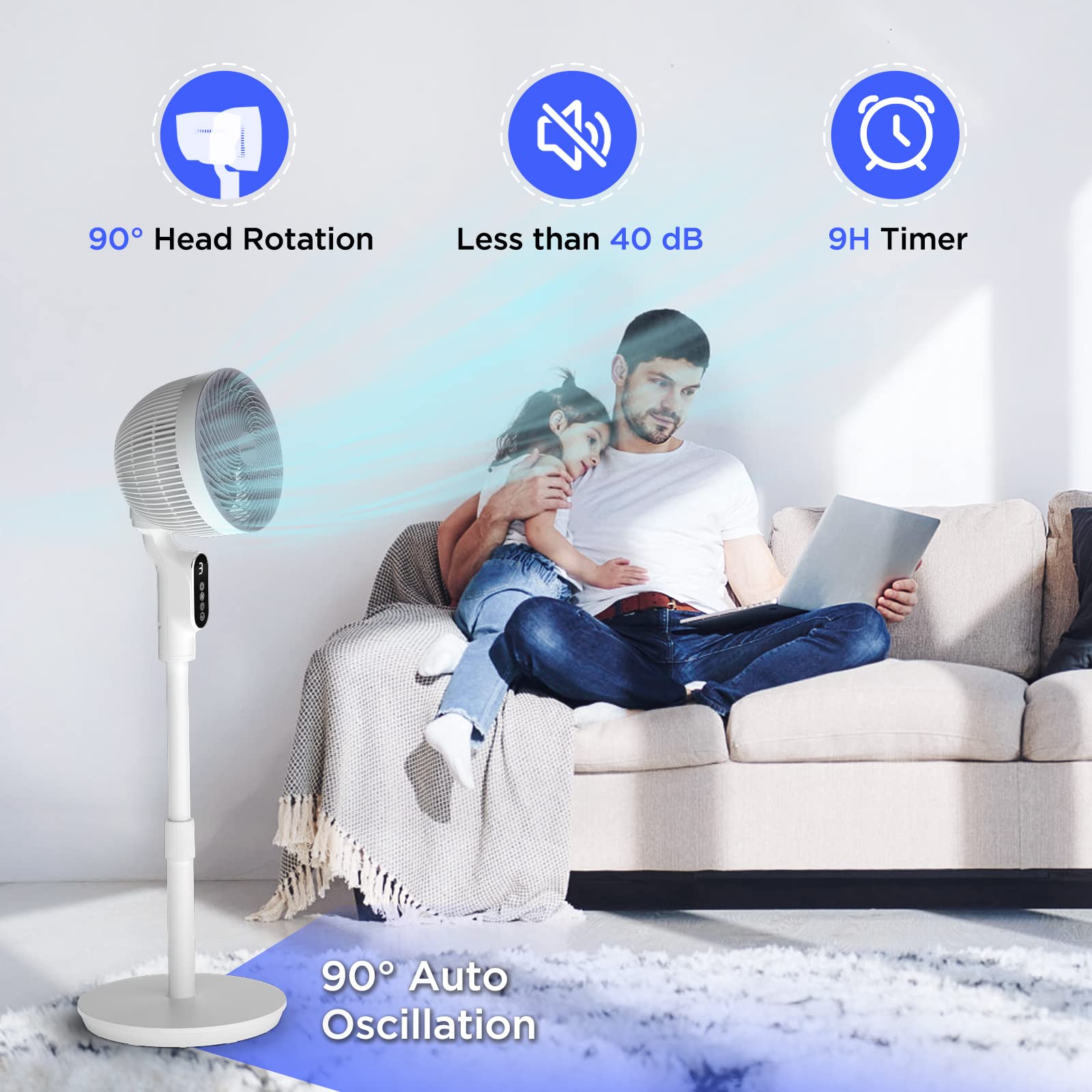 Primevolve 10.6 inch Oscillating Fan for Bedroom, Air Circulator Fan with 6 Speeds Powerful Airflow, Height Adjustable for Cooling Room, Office, Kitchen, White