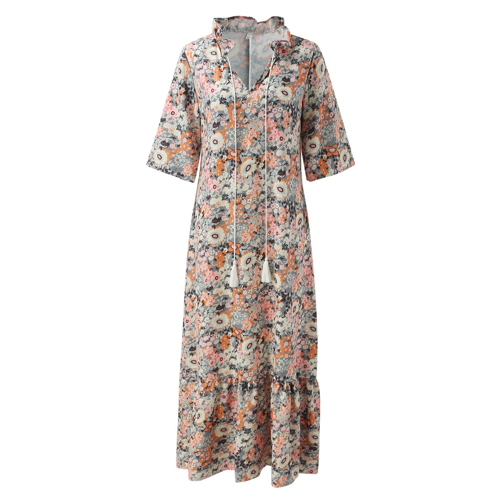 Cnebo Boho Maxi Dresses for Women 2023 New Women's Medium and Long Sleeve Dress with Tassels Wide Bohemian Print V Neck Length Khaki