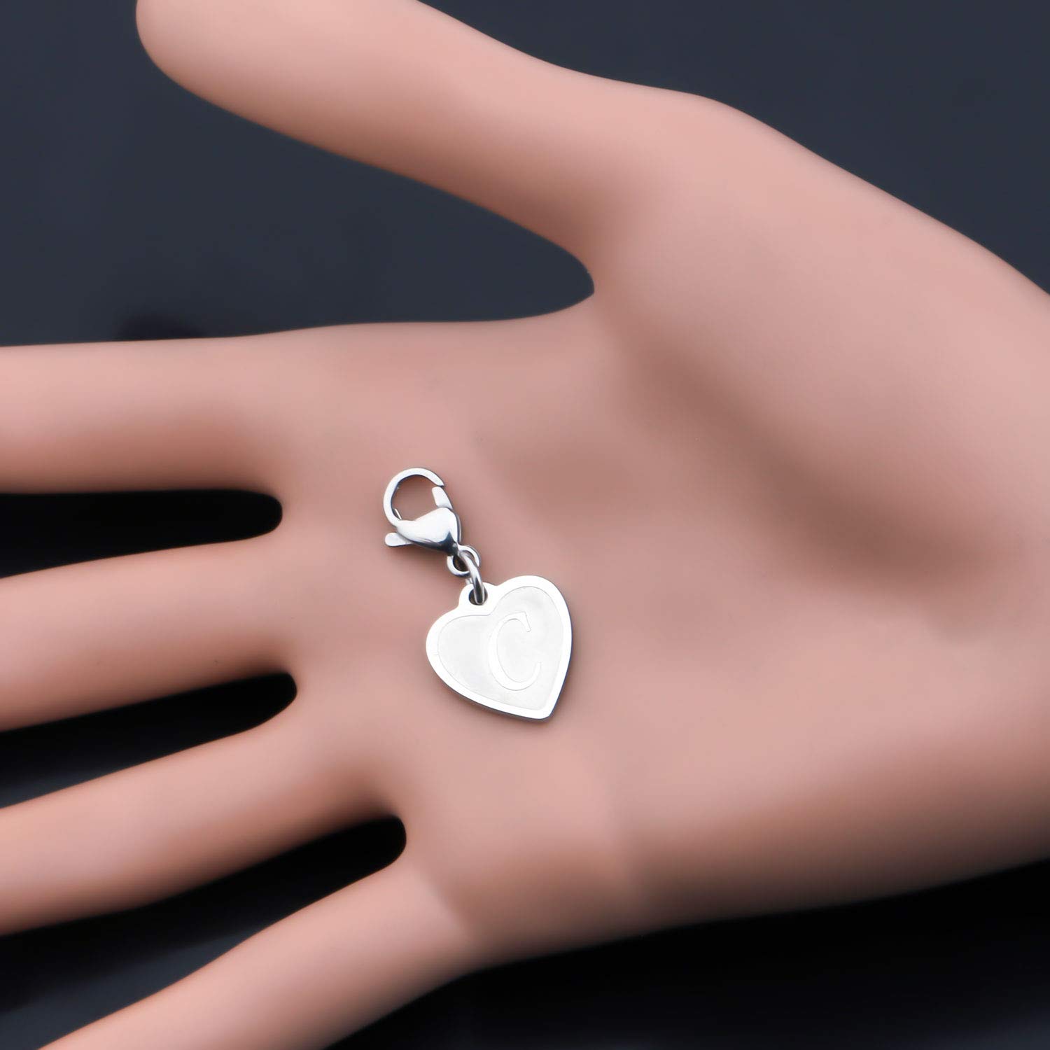 FAADBUK Initial Letter A-Z Alphabet Heart Charm for Bracelet Keychain Necklace Initial Stainless steel Clasp Clip on Charm (intial C)
