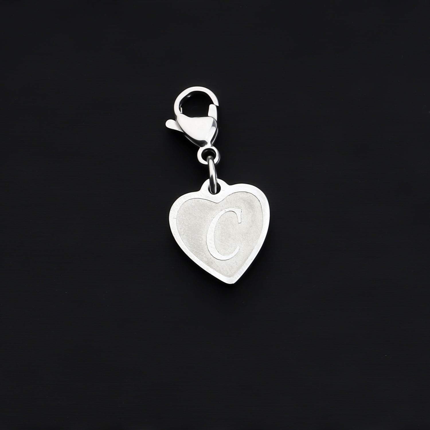 FAADBUK Initial Letter A-Z Alphabet Heart Charm for Bracelet Keychain Necklace Initial Stainless steel Clasp Clip on Charm (intial C)