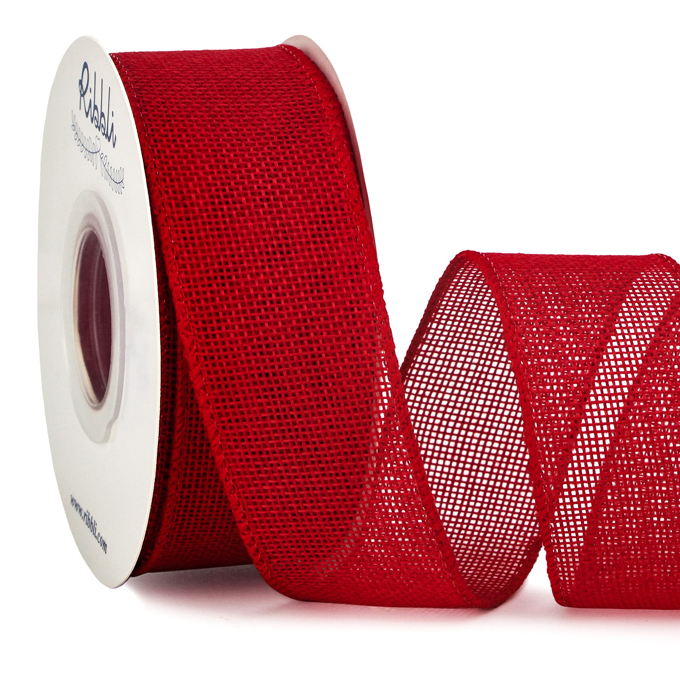Ribbli Red Burlap Wired Ribbon,1-1/2 Inch x 10 Yard,Wired Edge Ribbon for Big Bow,Wreath,Tree Decoration,Outdoor Decoration