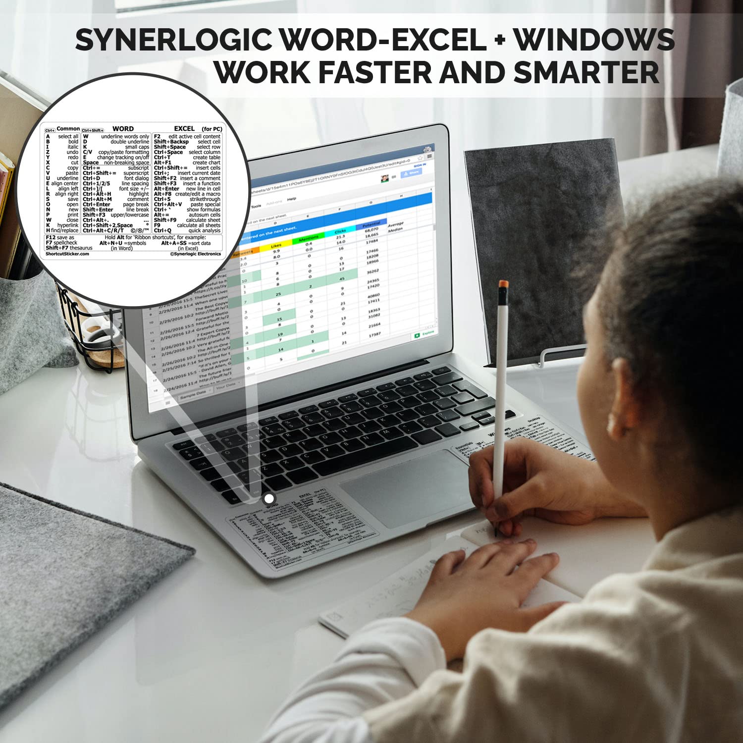 SYNERLOGIC Windows + Word/Excel (for Windows) Quick Reference Guide Keyboard Shortcut Stickers, No-Residue Vinyl (Clear/Large/Combo)