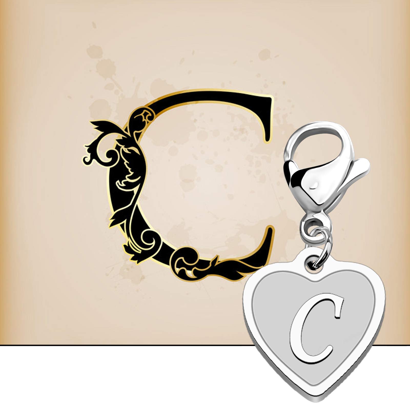 FAADBUK Initial Letter A-Z Alphabet Heart Charm for Bracelet Keychain Necklace Initial Stainless steel Clasp Clip on Charm (intial C)