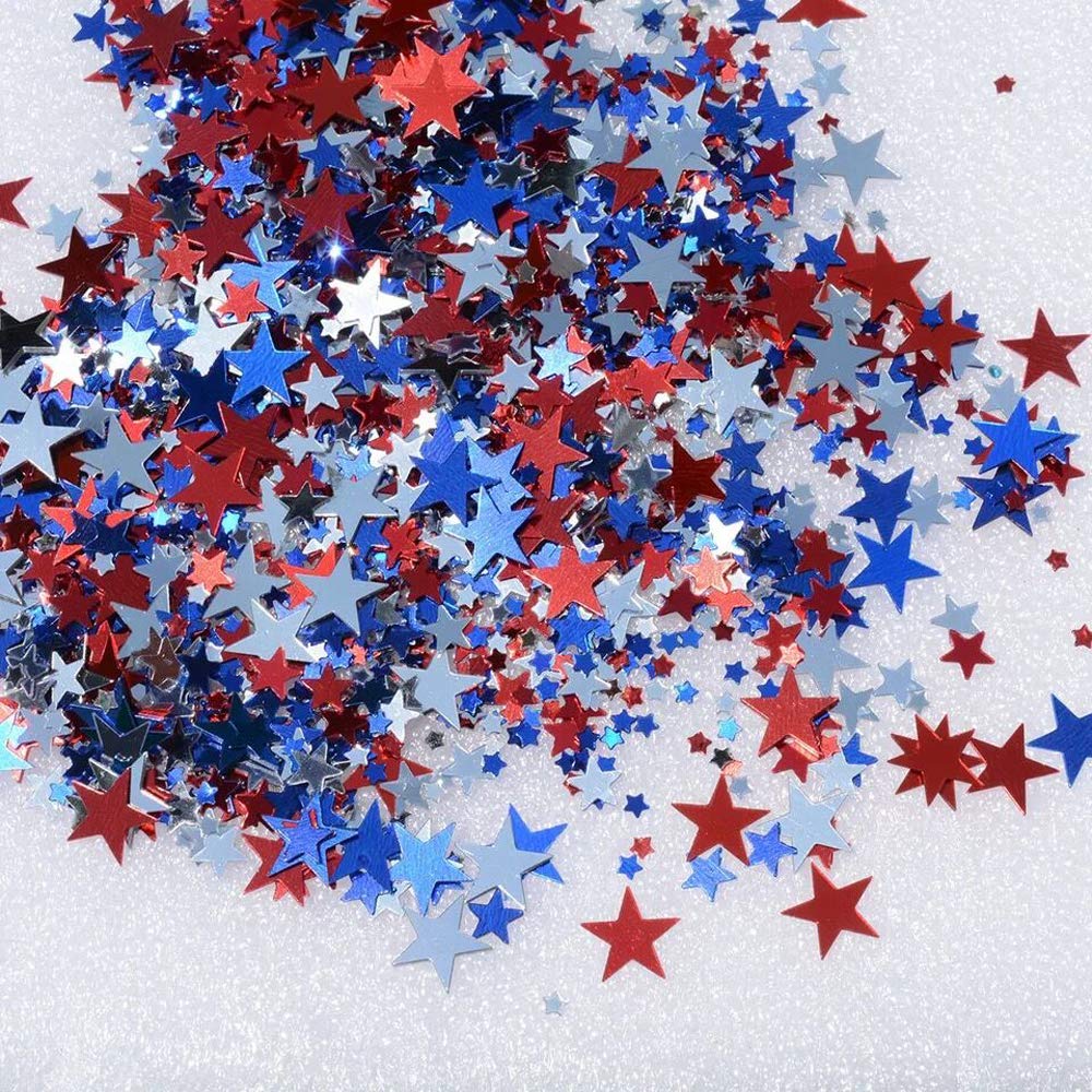 Mefuny 150 g Metallic Star Confetti Star Table Confetti Foil Star Patriotic Confetti for 4th of July Independence Day Party Decoration, Red, Silver and Blue