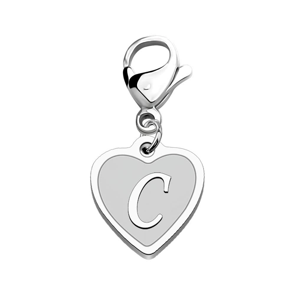 FAADBUK Initial Letter A-Z Alphabet Heart Charm for Bracelet Keychain Necklace Initial Stainless steel Clasp Clip on Charm (intial C)