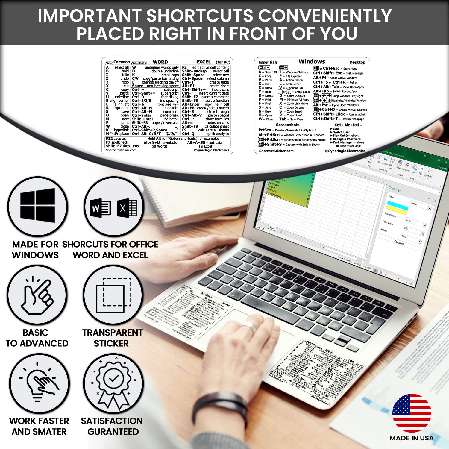 SYNERLOGIC Windows + Word/Excel (for Windows) Quick Reference Guide Keyboard Shortcut Stickers, No-Residue Vinyl (Clear/Large/Combo)