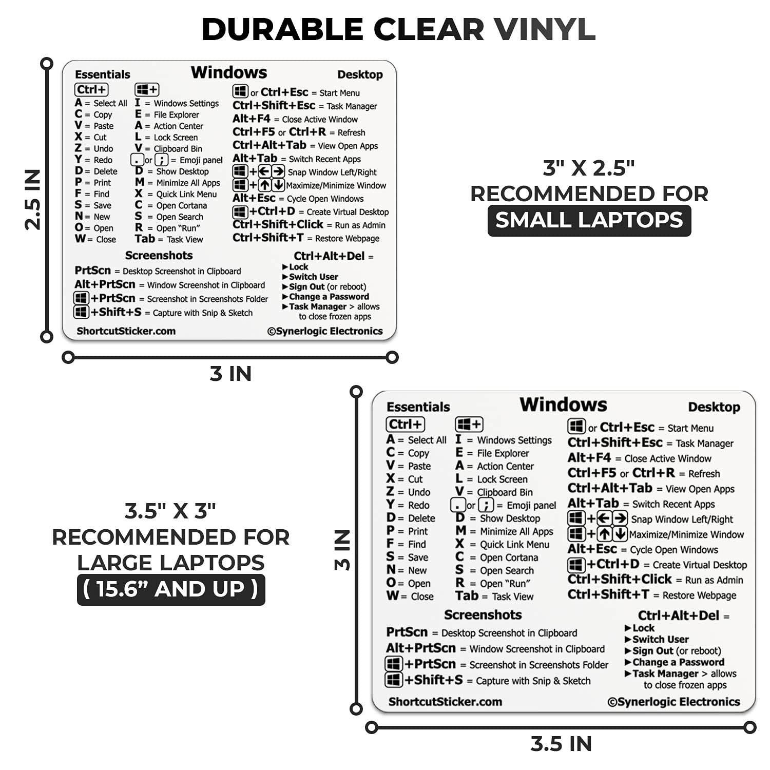 SYNERLOGIC Windows + Word/Excel (for Windows) Quick Reference Guide Keyboard Shortcut Stickers, No-Residue Vinyl (Clear/Large/Combo)