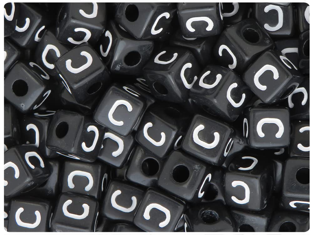 BeadTin Black Opaque 10mm Cube Alpha Beads - White Letter (20pcs) (Letter C)